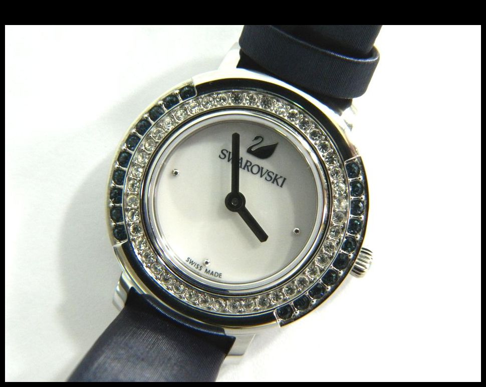半田店 動作品 SWAROVSKI レディース 腕時計 クォーツ シェル文字盤 紺 ネイビー シルバー 女性用時計 SS レザーベルト ...